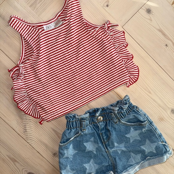 Zara | Matching Sets | Zara Red Striped Top And Star Denim Shorts ...